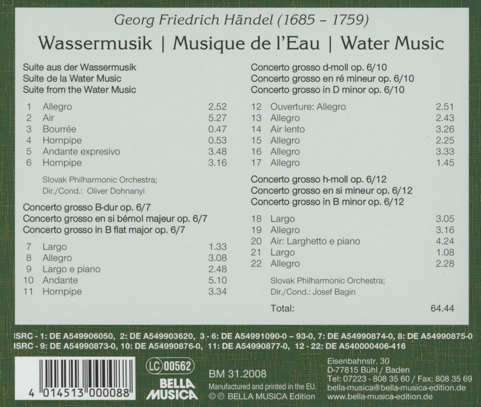 Georg Friedrich Händel Händel/Wassermusik (CD) 4014513000088 | eBay.de