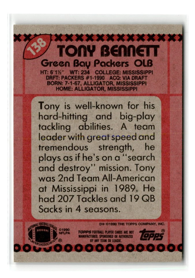 1990 Topps - #138b - Tony Bennett RC - Green Bay Packers | eBay