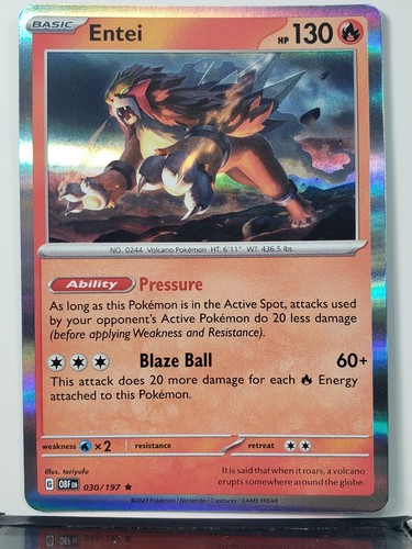 HOLO Entei 030/197 NM / M - Obsidian Flames Scarlet Violet Pokemon Card ...