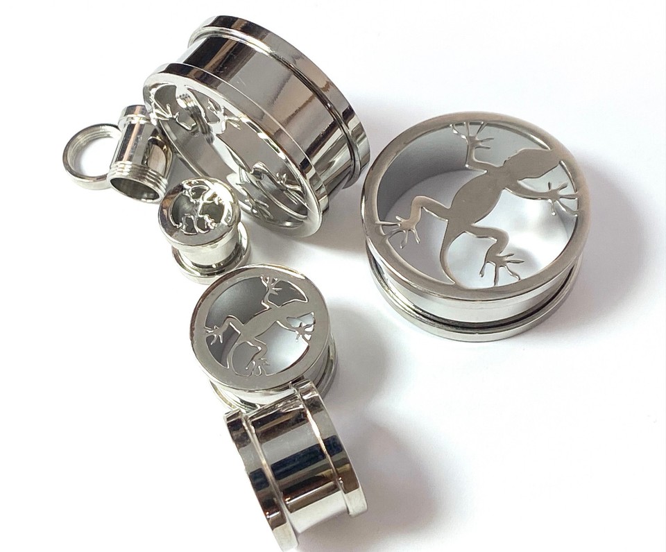 PAIR Lizard Steel Screw Fit Tunnels Plugs Earlets Gauges Gecko Body ...