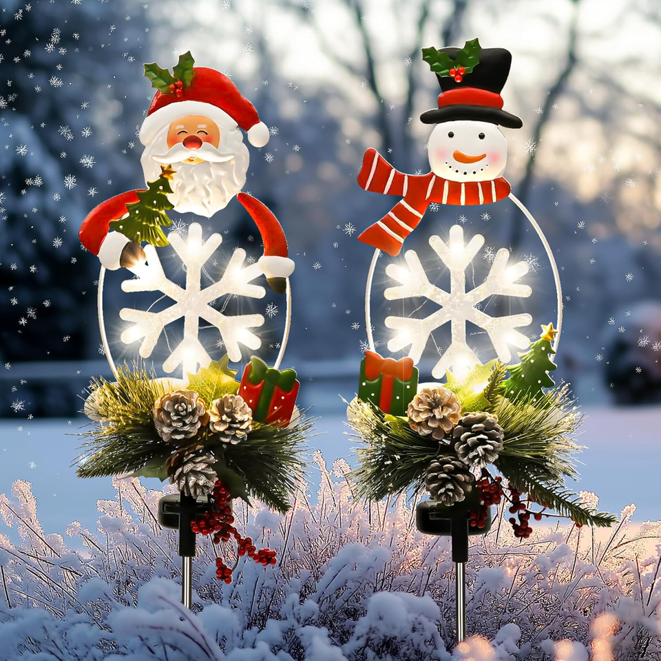 Solar Christmas Decorations Outdoor, Set of 2 Metal Santa and Snowman ...
