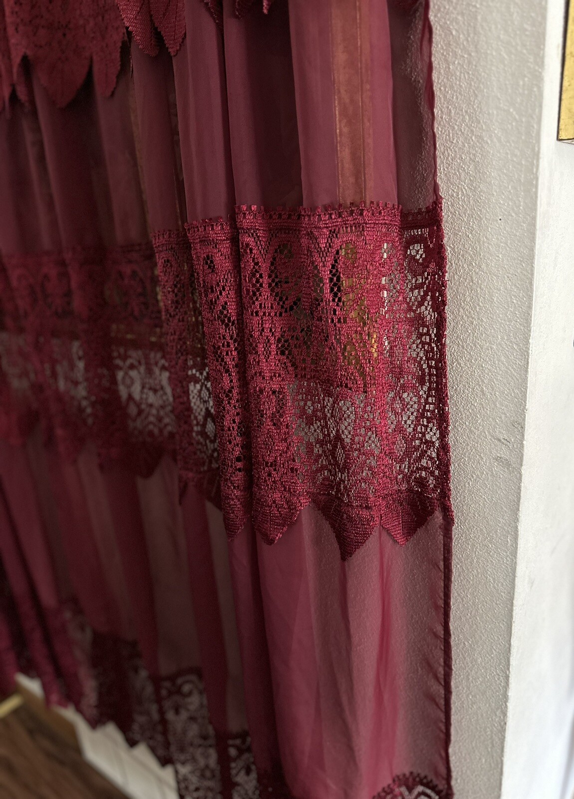 VTG French Red Sheer Lace Fishnet 2 Hanging Drapes Panels 64”L x 51” W ...
