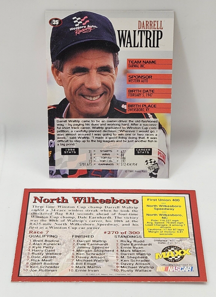 (2) DARRELL WALTRIP NASCAR Racing Cards 1992 Maxx #270 & 1995 Press ...