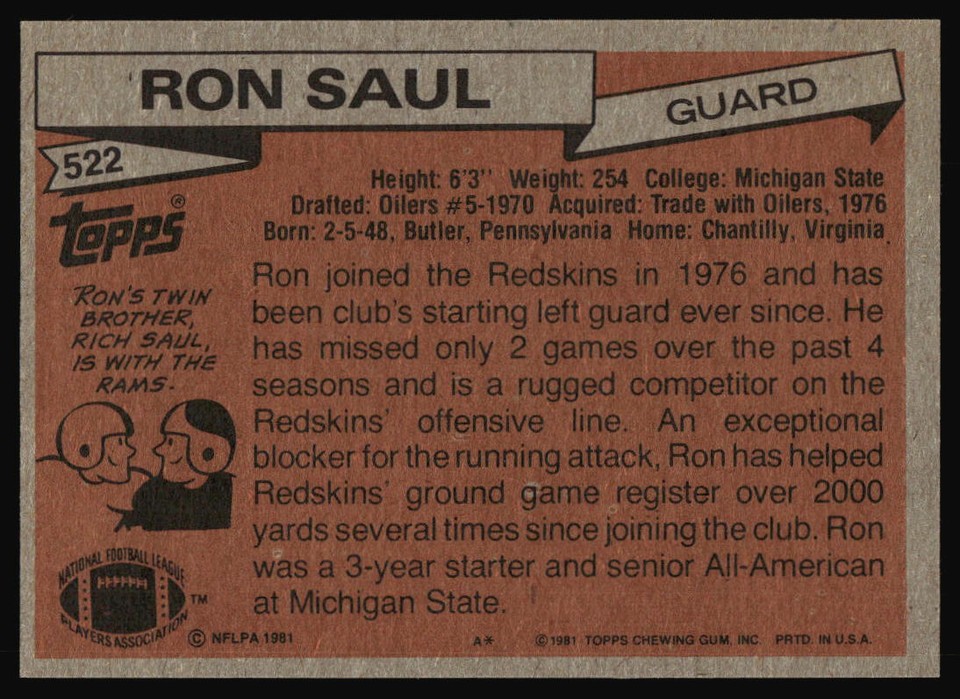 1981 Topps Ron Saul #522 Washington Redskins | eBay