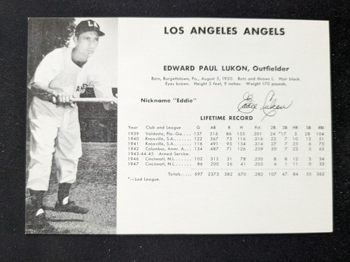 1948 PCL Los Angeles Angels Baseball Card - Edward Paul Lukon (EX/NM ...