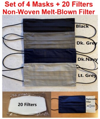 4 Solid Cotton Face Masks with filter pocket - with 20 Filters Free ...