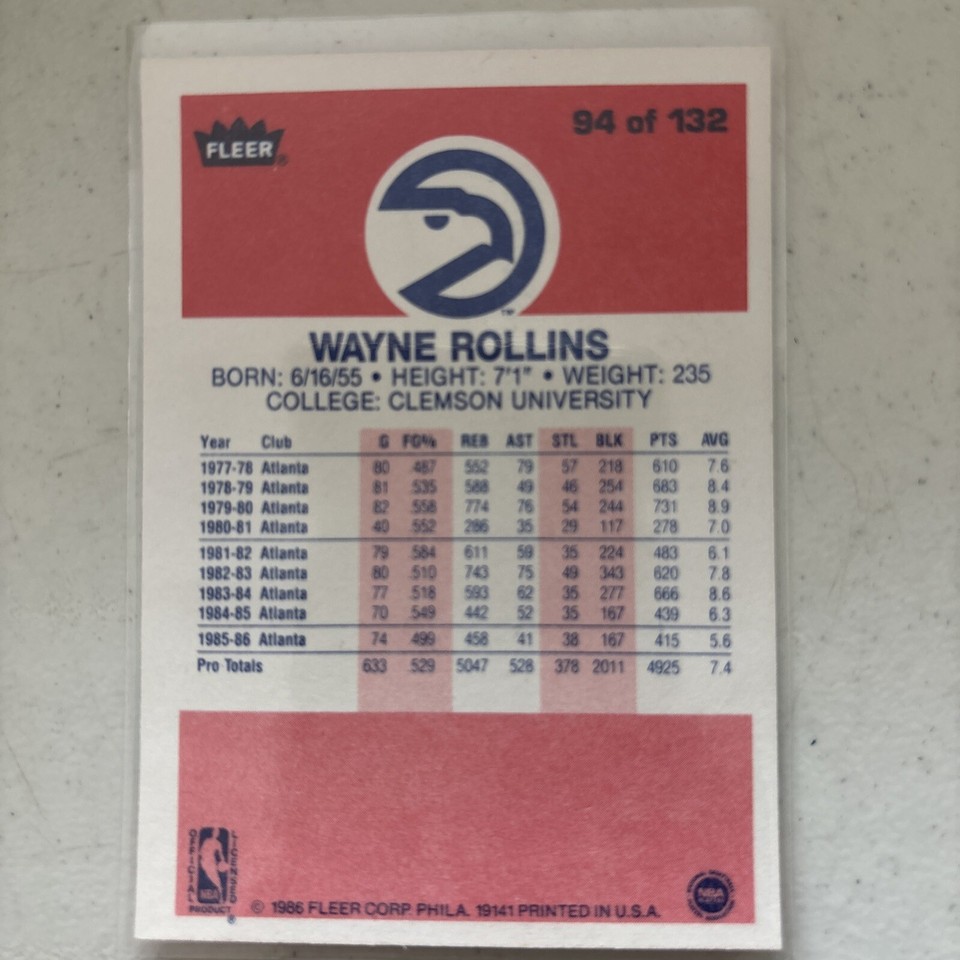 1986-87 Fleer Basketball Set-Break # 94 Wayne Tree Rollins Atlanta ...