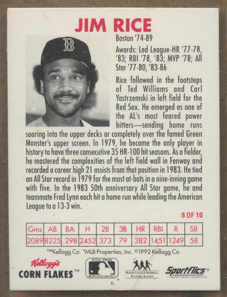 1992 Kellogg's Corn Flakes All-Stars #8 Jim Rice Boston Red Sox Hall-of ...