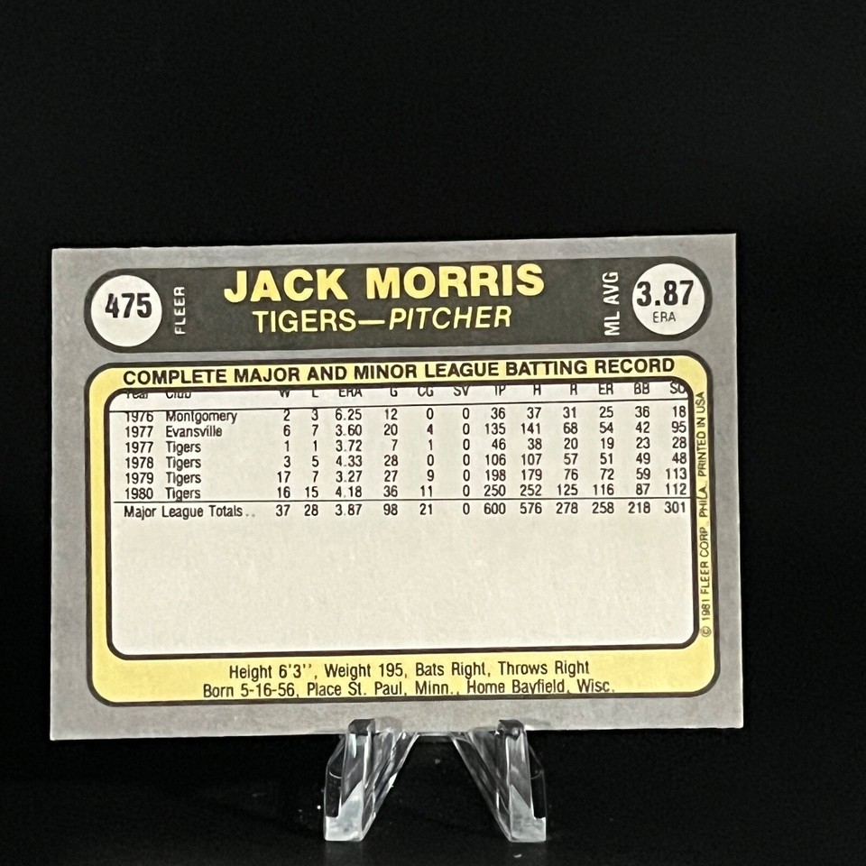 JACK MORRIS 1981 FLEER DETROIT TIGERS #475 HOF LOOK!! | eBay