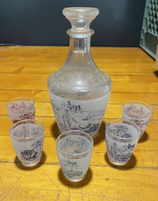 Vintage Decanter & Multi Color 5 Shot Glass Set Service Liqueur ...