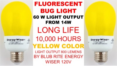 60W ENERGY WISER FLUORESCENT BUG LIGHT 14W YELLOW A19 LIFE 10,000 BY ...