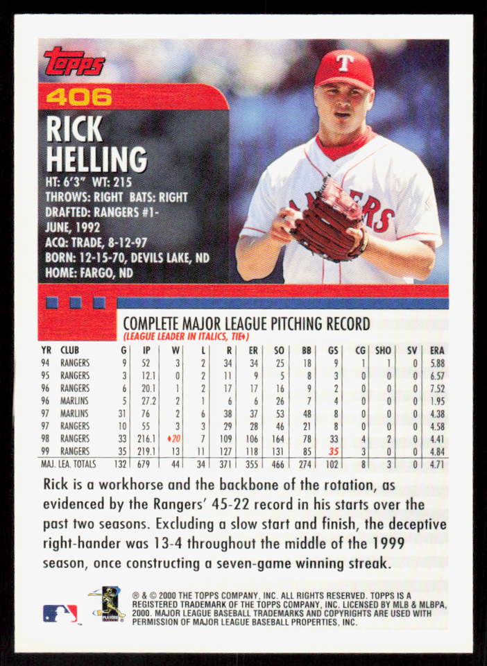 2000 Topps 406 Rick Helling Texas Rangers | eBay