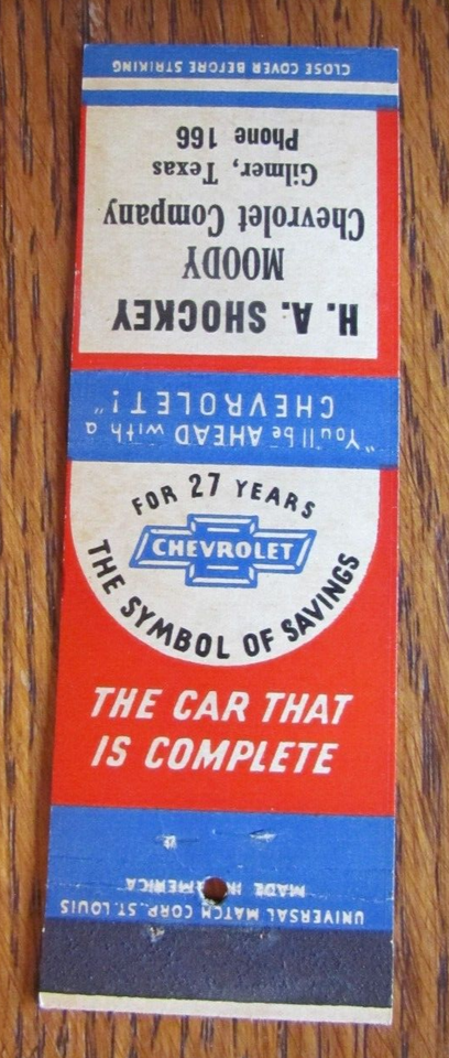 1938 CHEVROLET CAR DEALER MATCHBOOK COVER: H. SHOCKEY GILMER TEXAS ...