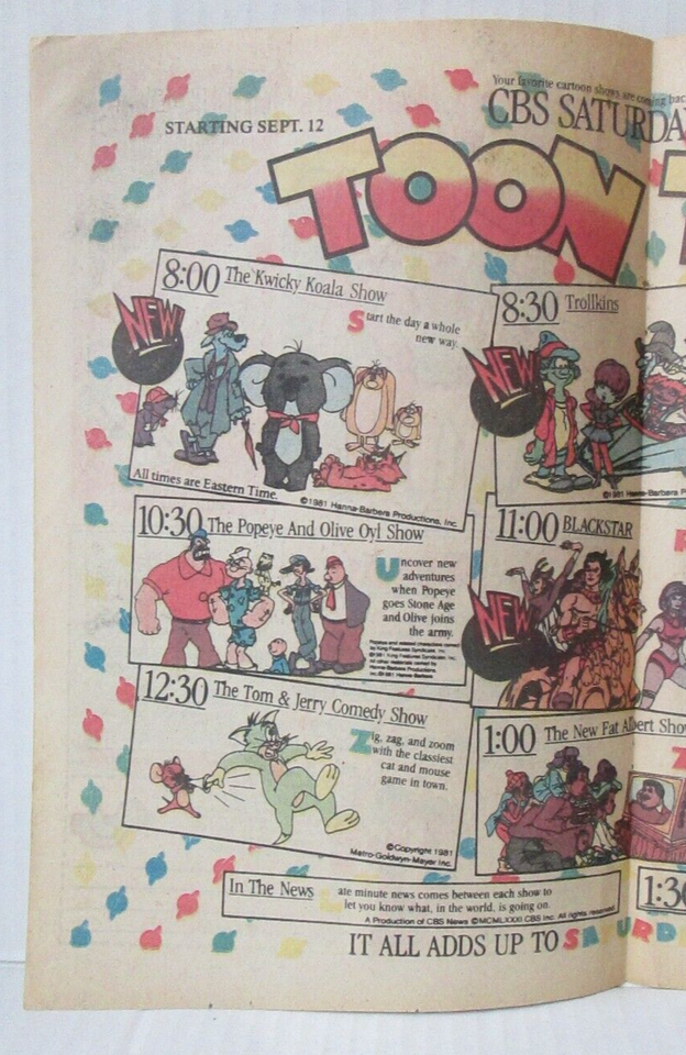 1981 CBS SATURDAY MORNING CARTOONS Vintage 1980's 10"X13.25" Magazine ...