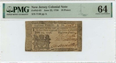 1756 June 22, 18 Pence New Jersey Colonial Note FR#NJ-93 PMG CU64 | eBay