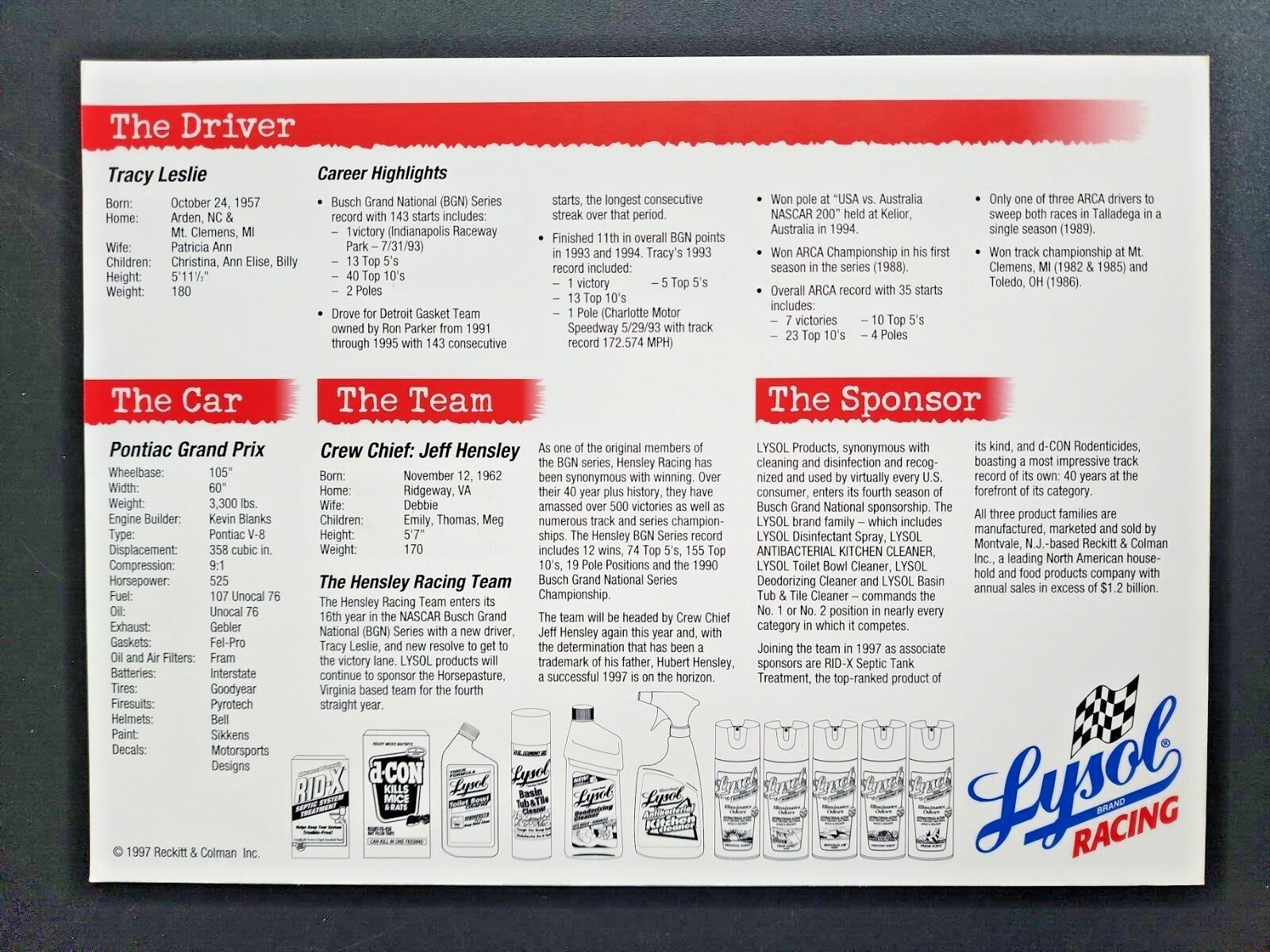 1997 Nascar Series Hero Driver Cards Tracy Leslie Lysol Racing #63 S43 ...