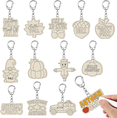 24 Pcs Fall Craft Color Your Own Keychains DIY Craft Wooden Blank ...