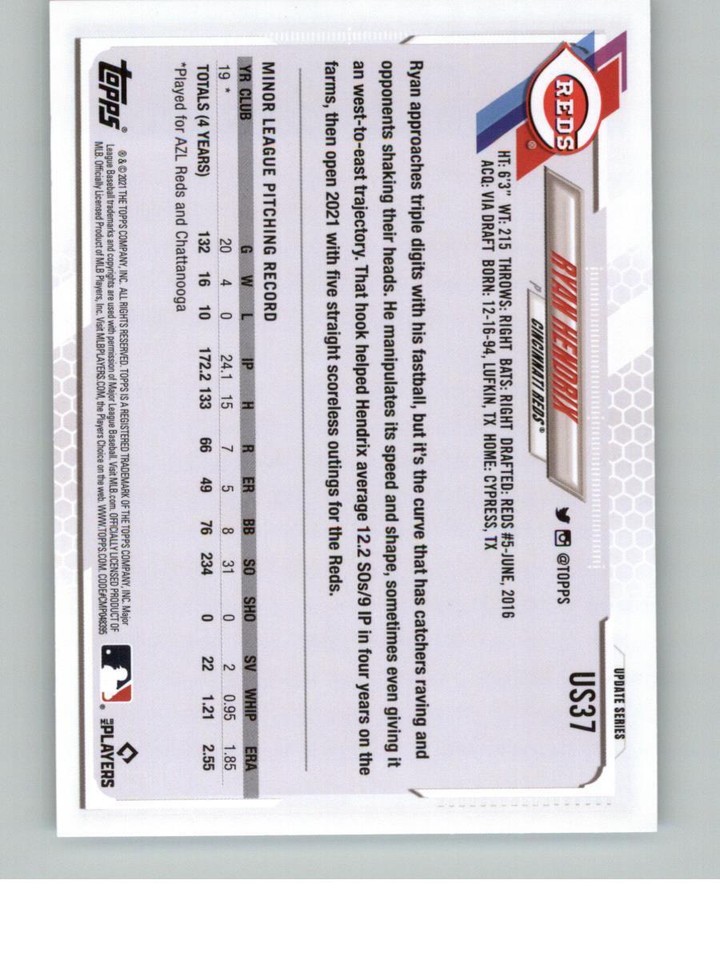 2021 Topps Update Ryan Hendrix US37 RC Cincinnati Reds Rookie Card | eBay