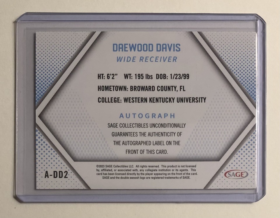 2023 Sage High Series Daewood Davis AUTO RED FOIL RC Miami Dolphins #A ...