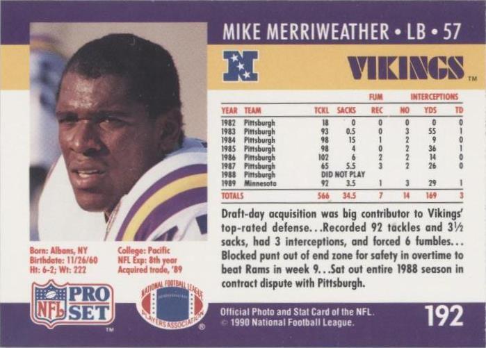 1990 Pro Set Mike Merriweather #192 for sale | eBay