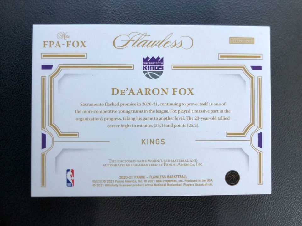De’Aaron Fox 2020-21 Panini Flawless On Card Autograph Auto Jersey ...