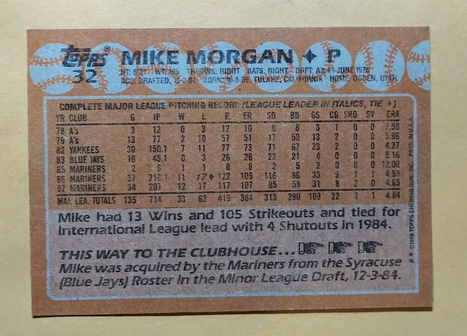 1988 Topps Baseball Card Mike Morgan Seattle Mariners #32 | eBay