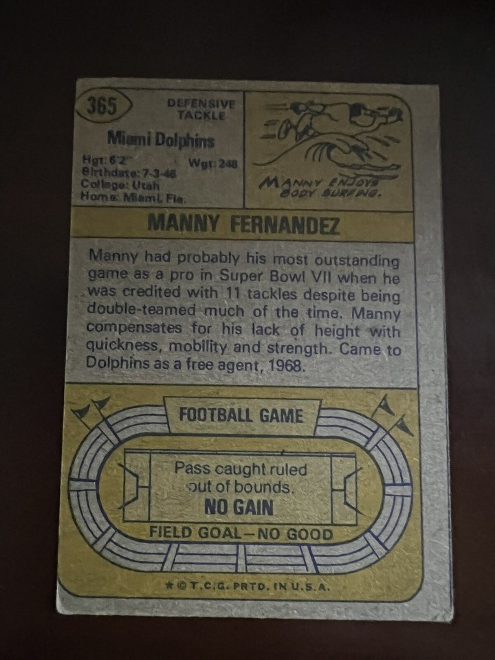 Manny Fernandez 1974 Topps Football #365 Miami Dolphins | eBay