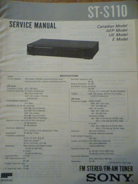 Sony ST-S110 Stereo AM-FM Tuner Service Manual | eBay UK