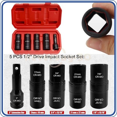 US Double Side Lug Nut Socket Set, 5Pc - 1/2-Inch Drive Flip Impact ...