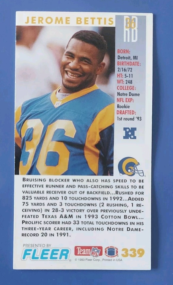 1993 Fleer GameDay JEROME BETTIS Los Angeles Rams Rookie Card RC HOF | eBay