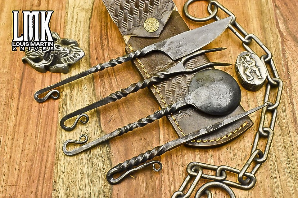 LMK Custom Antique Table Set AUS-8 Steel Hammered Pattern Lot of 4 ...