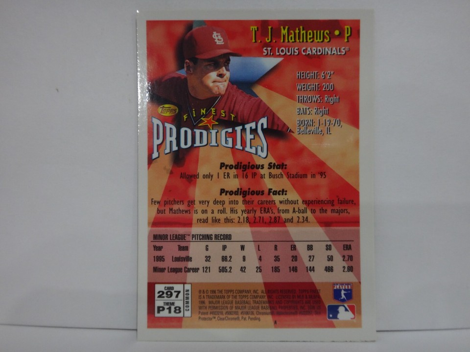 1996 Topps Finest Prodigies T J Mathews 297 St Louis Cardinals ...