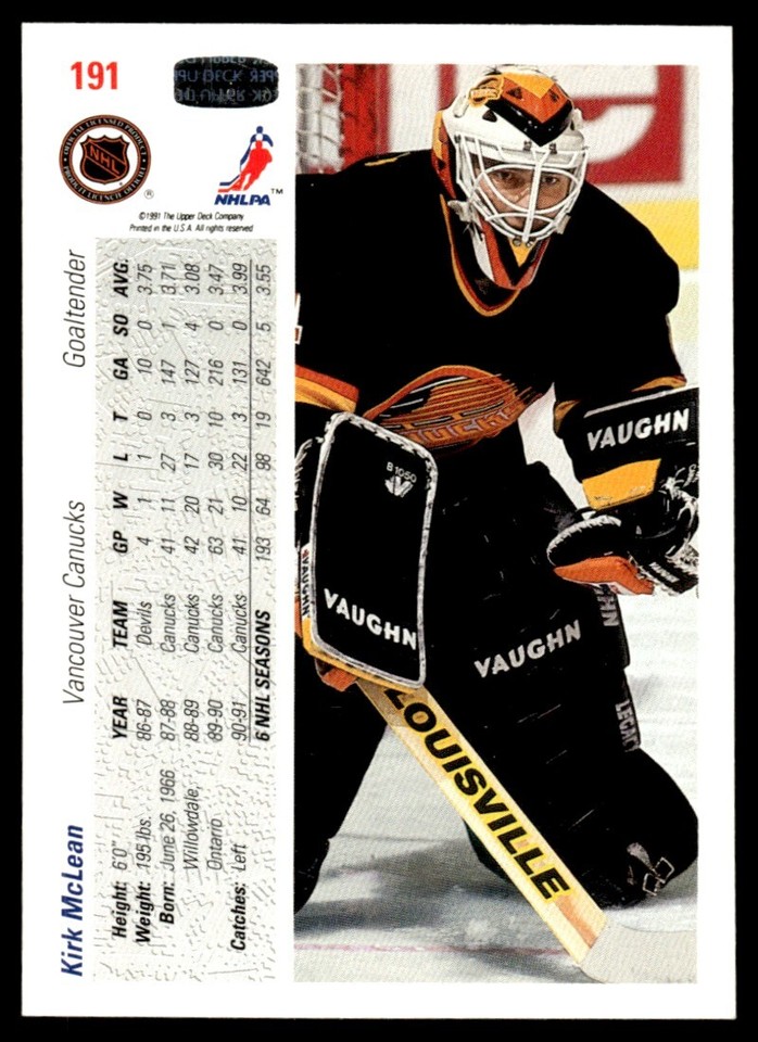 1991-92 Upper Deck #191 Kirk McLean Vancouver Canucks | eBay