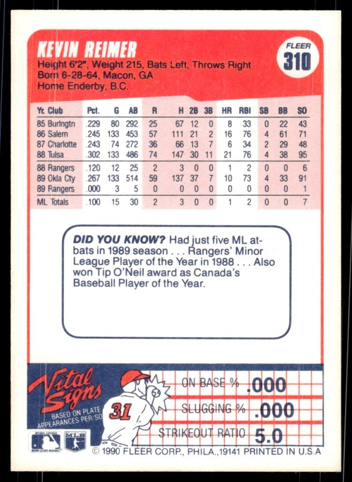 1990 Fleer Baseball Card Kevin Reimer Texas Rangers #310 | eBay