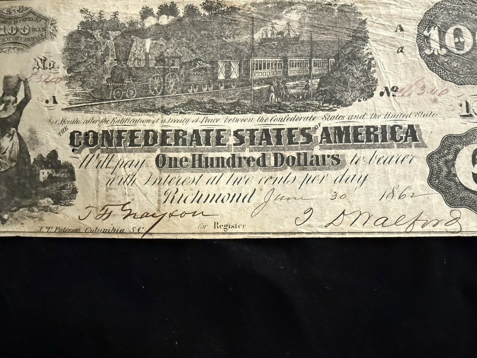 #JL55- 1862 T-39 Confederate $100 Note Train VF Interest Paid Stamps ...