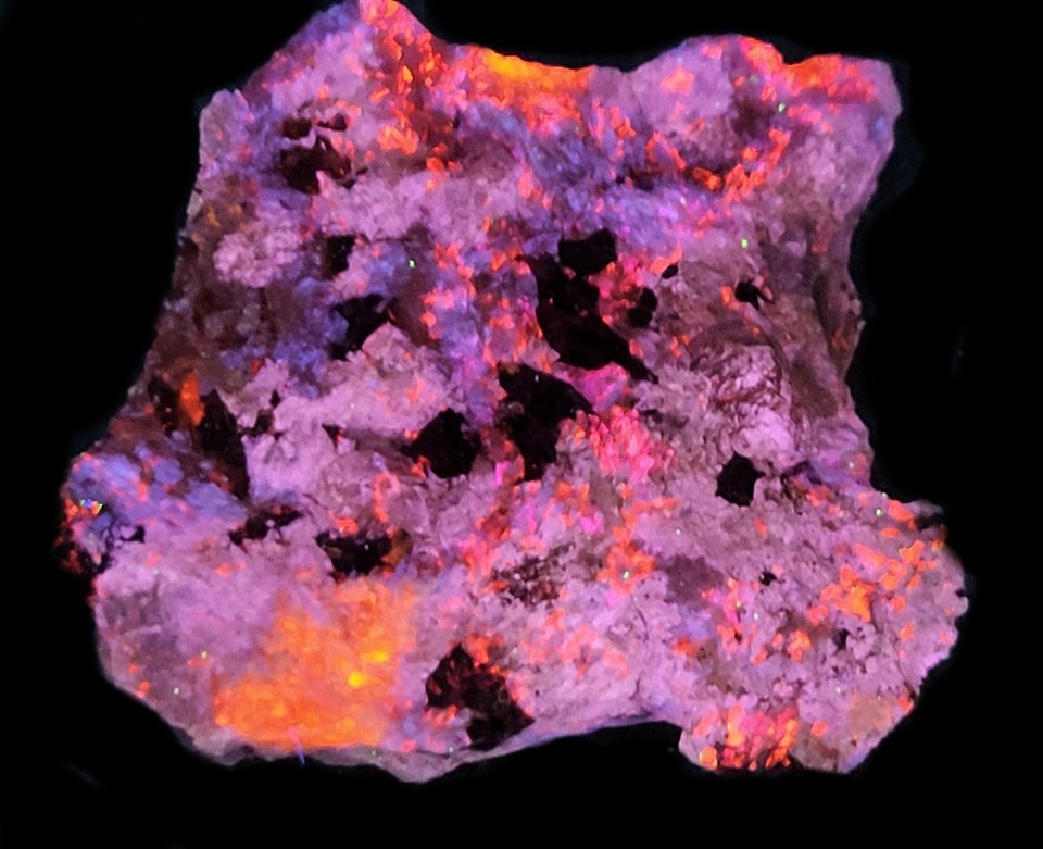 FRANKLIN NJ FLUORESCENT-RED ROEBLINGITE MASSES AND EYES-BLUE XONOTLITE ...