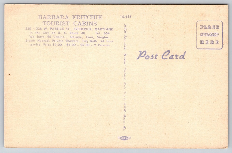 Frederick Maryland~3 Views of Barbara Fritchie Cabins~Vintage Linen ...