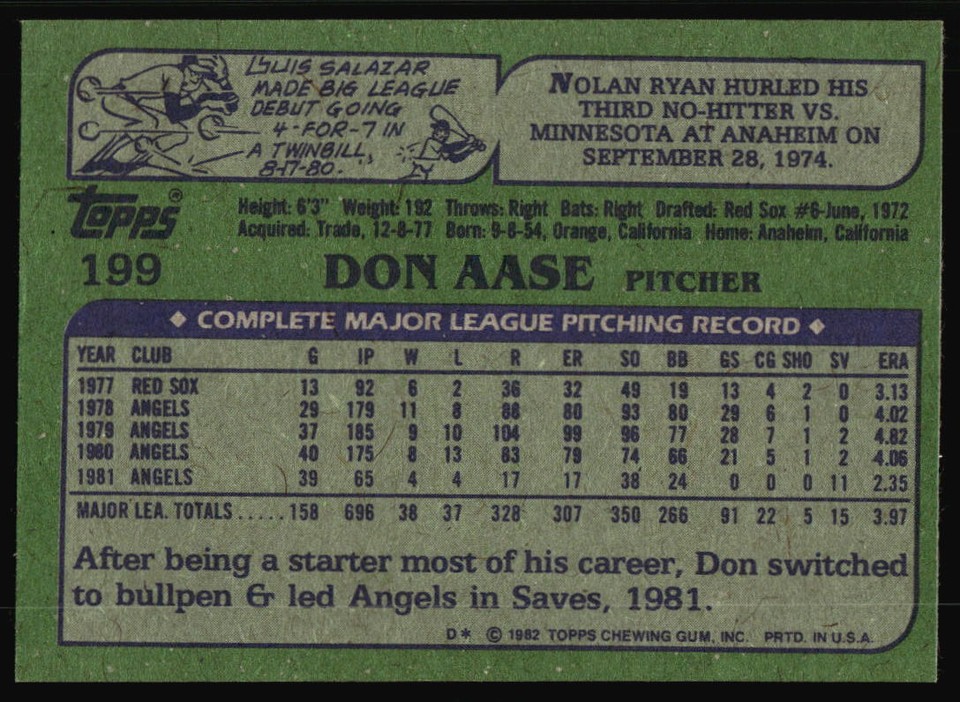 1982 Topps Don Aase #199 California Angels | eBay