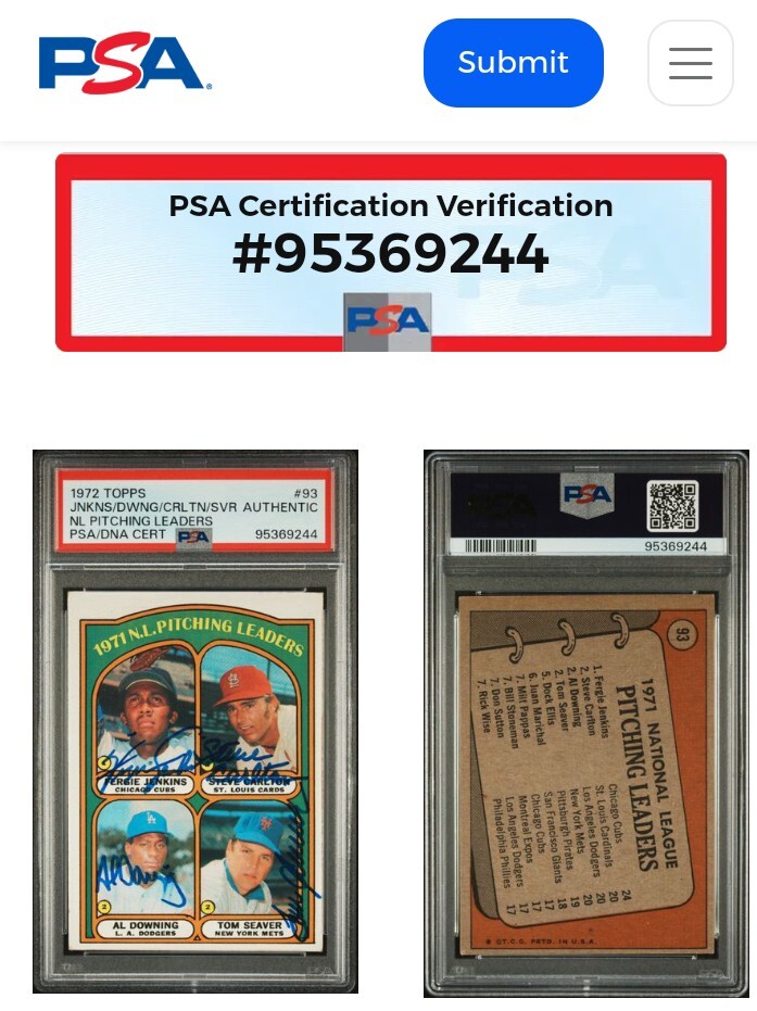 1972 TOPPS #93 LEADERS TOM SEAVER CARLTON JENKINS DOWNING PSA QUAD AUTO ...