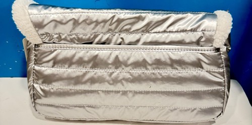 Pajar Silver Quilted Faux White Shearling Trim Convertible Shoulder Bag ...