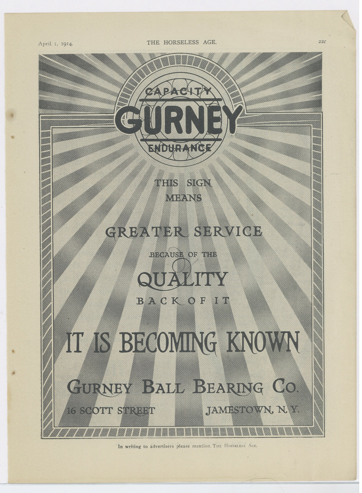 1914 Gurney Bearing Co. Advertisement: Scott Street - Jamestown, New ...