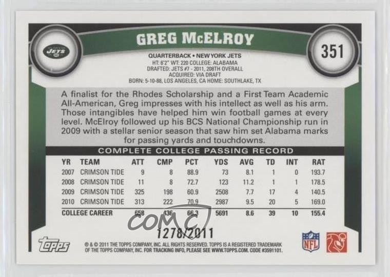 2011 Topps Gold 1278/2011 Greg McElroy #351 Rookie RC 0l2 | eBay