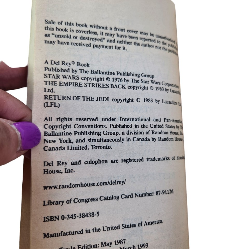 Star Wars Trilogy Del Rey Book 1983 1st Mass Market Edition 471pgs ...