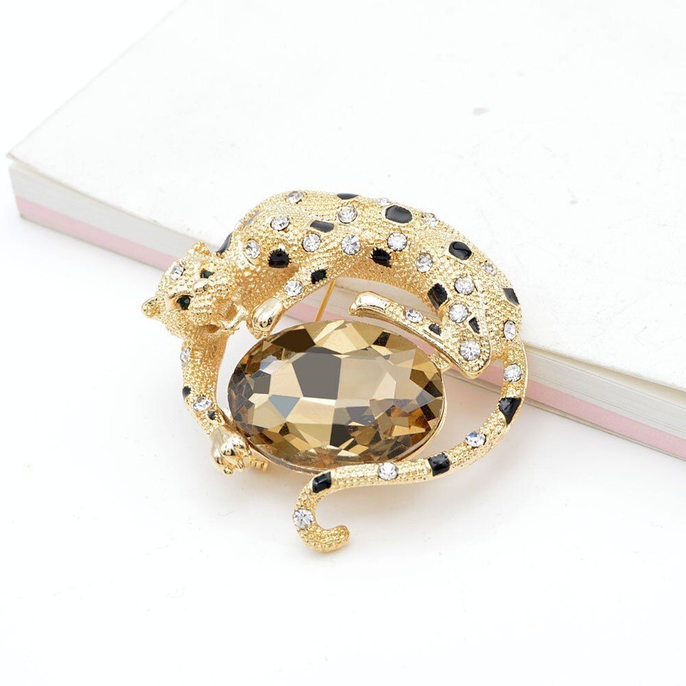 Leopard Brooch Rhinestone Pin Great Gold Plated Cat Panther Cheetah ...