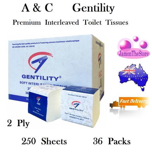 A&C Gentility Premium Interleaved Toilet Tissue 2 ply 250 shts 36 Pack ...