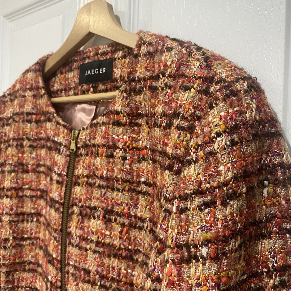 JAEGER Pink Linton Tweed Multicoloured Wool Mohair Blend Zip Jacket ...