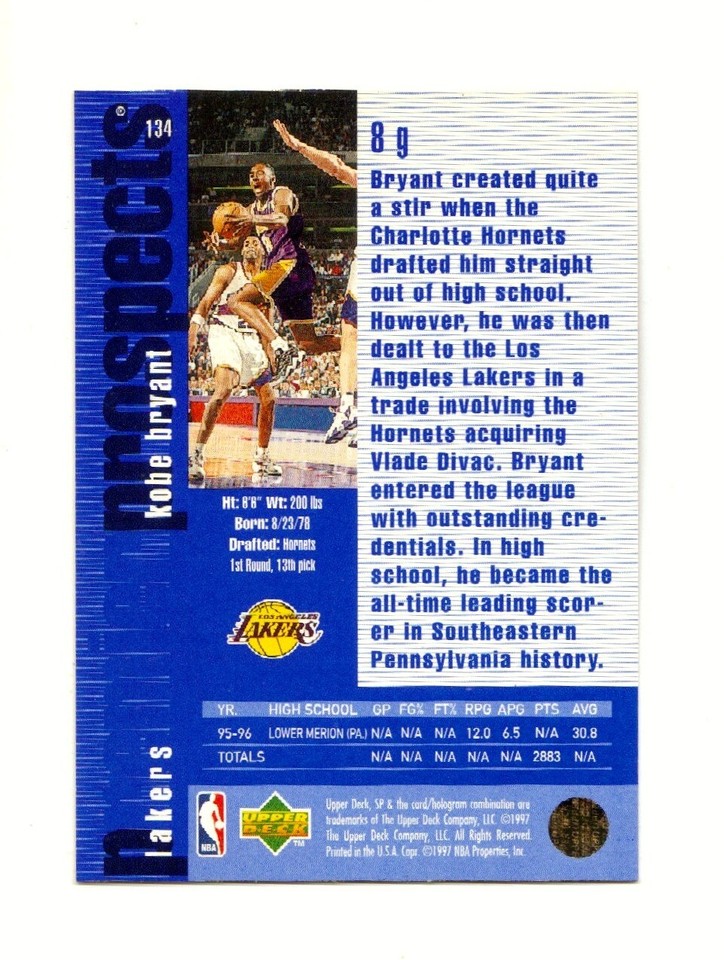 1996-97 SP KOBE BRYANT "ROOKIE CARD" #134 NM/MT LAKERS | eBay