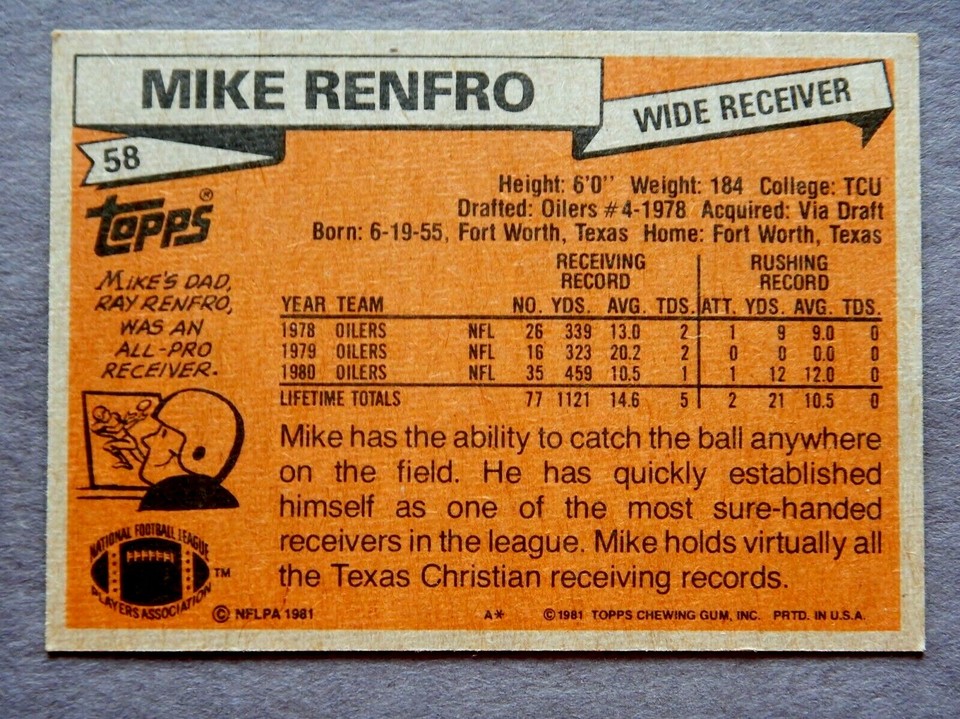 Mike Renfro #58 Topps 1981 Football Card (Houston Oilers) VG | eBay