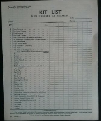 VINTAGE NAVY MEN'S SEAMEN KIT LIST , WORLD WAR II , HISTORY , SOUVENIR ...