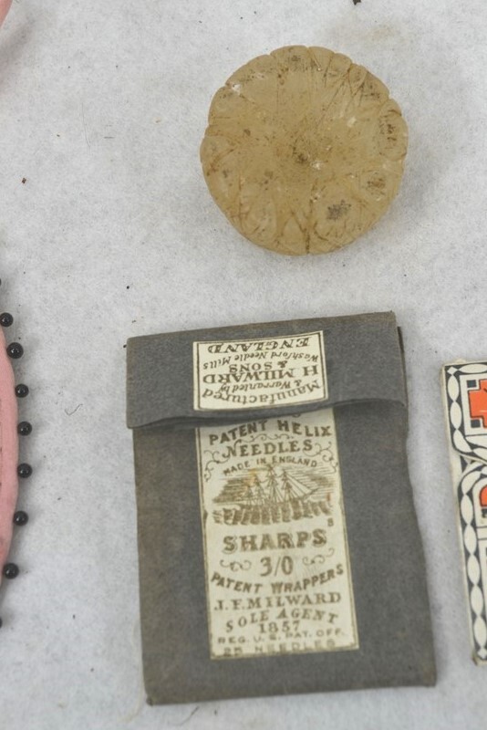 antique Victorian sewing pin keeper w pins /needle packets/thread wax ...